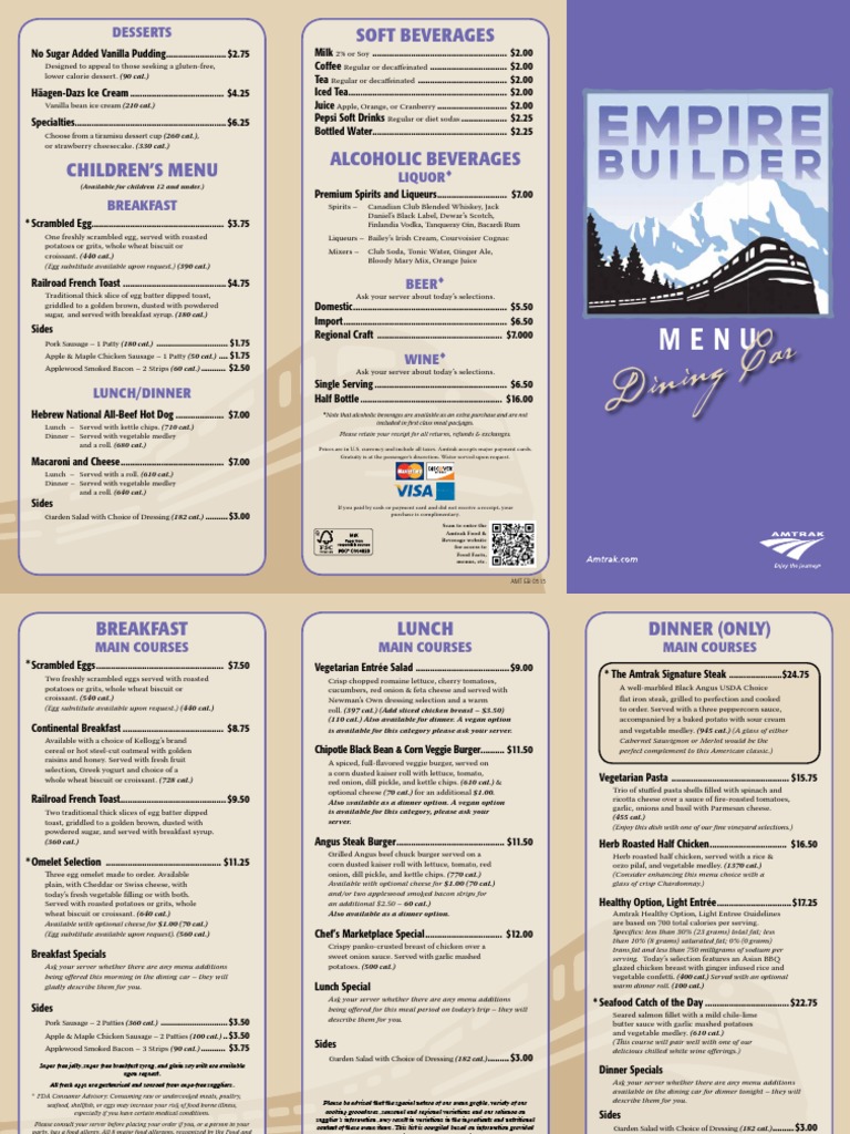 Amtrak Empire Builder Dining Menu 2025 | PDF | Hamburgers | Soft Drink
