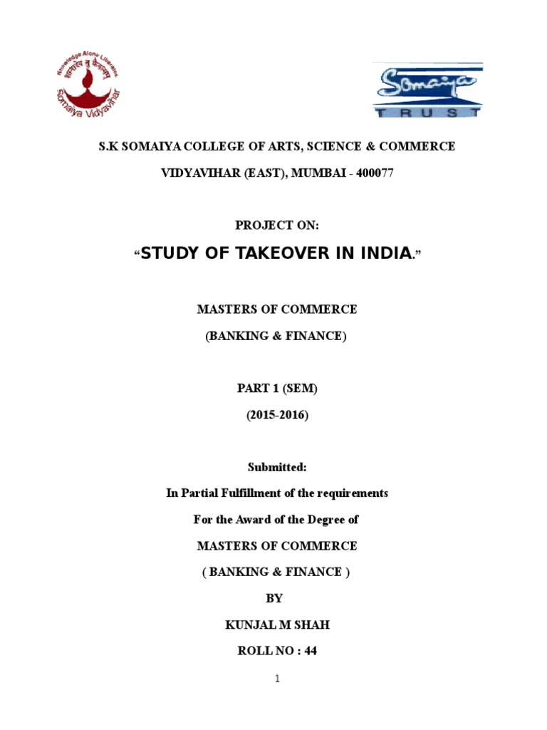 Takeover Project Mcom | Takeover | Mergers And Acquisitions