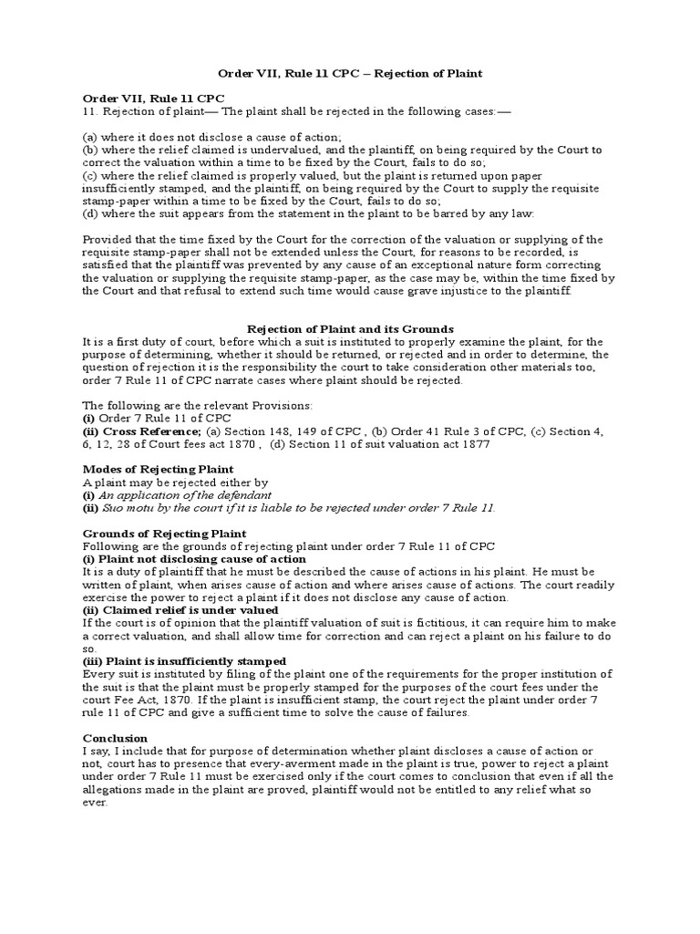 Order Vii Rule 11 Cpc Rejection Of Plaint Pdf Pleading Cause