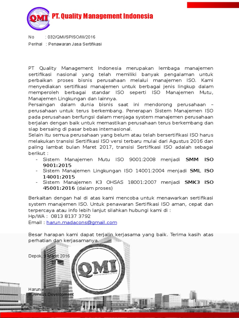 032-QMI-III.2016 Surat Penawaran Sertifikasi ISO | PDF