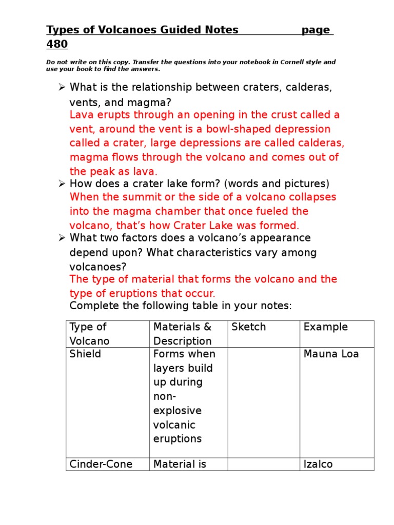 Volcano Guided Notes | PDF | Volcano | Types Of Volcanic Eruptions