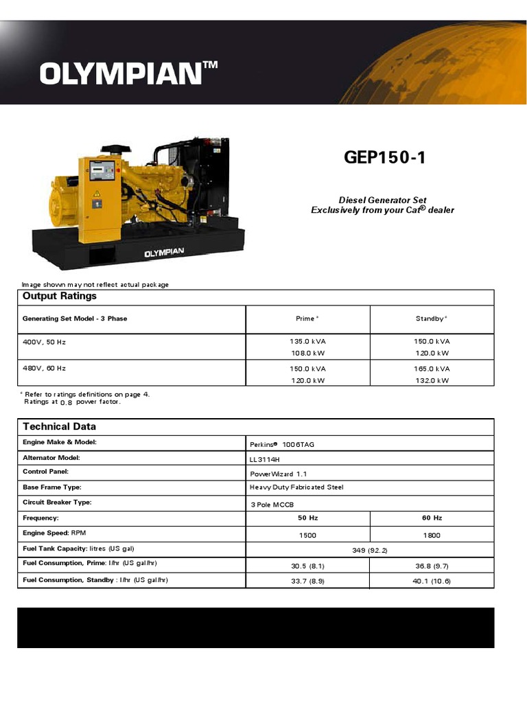 Ficha Tecnica Generador Olympian Gep150-1 PDF | PDF | Diesel Engine ...