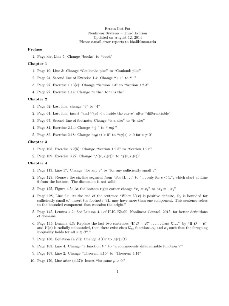 Nonlinear Systems (3rd Edition) - Hassan Khalil - Errata | PDF