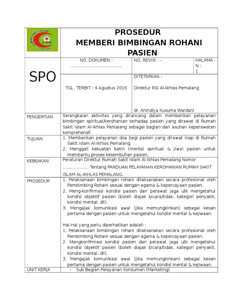 Sop Pelayanan Bimbingan Rohani Rsi-Ai PML | PDF