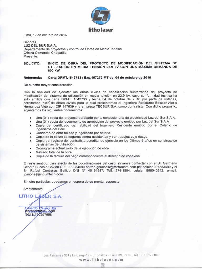 Carta A Luz Del Sur PDF | PDF