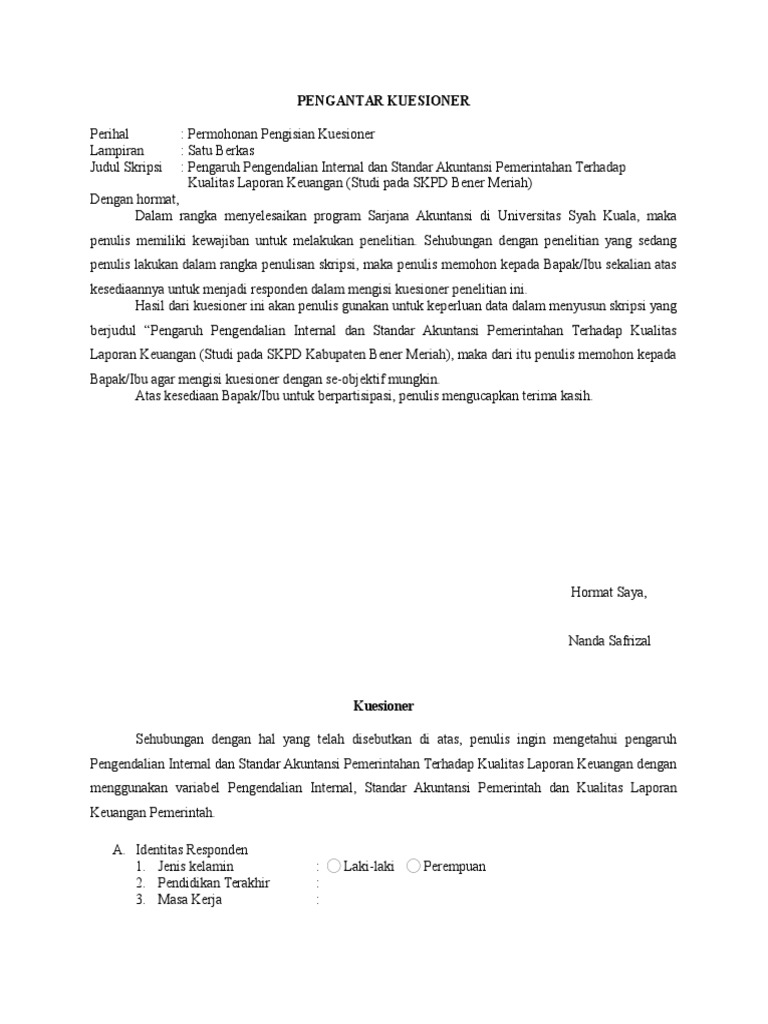 Kuesioner SAP & Pengendalian Internal Terhadap Kualitas Laporan Keuangan | PDF