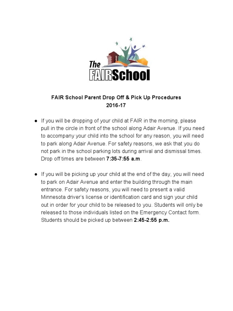 FAIR School Parent Drop Off & Pick Up Procedures 2016-17 | PDF