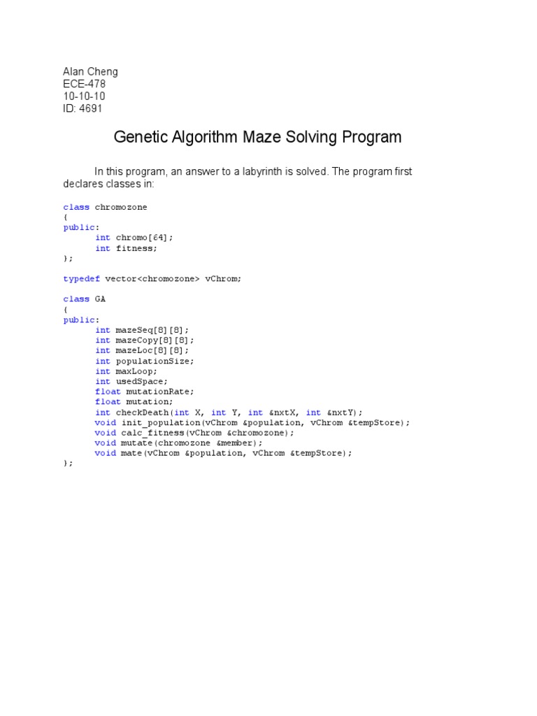 Genetic Algorithm Maze Solving Program Pdf Genetic Algorithm Software Engineering