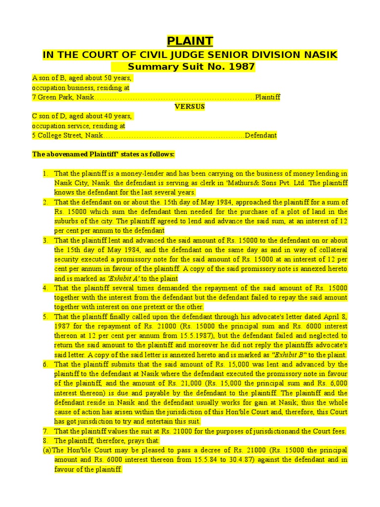Plaint: in The Court of Civil Judge Senior Division Nasik Summary Suit ...