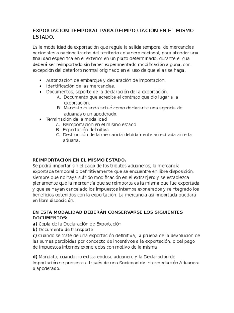 Exportación Temporal para Reimportación en El Mismo Estado | PDF ...
