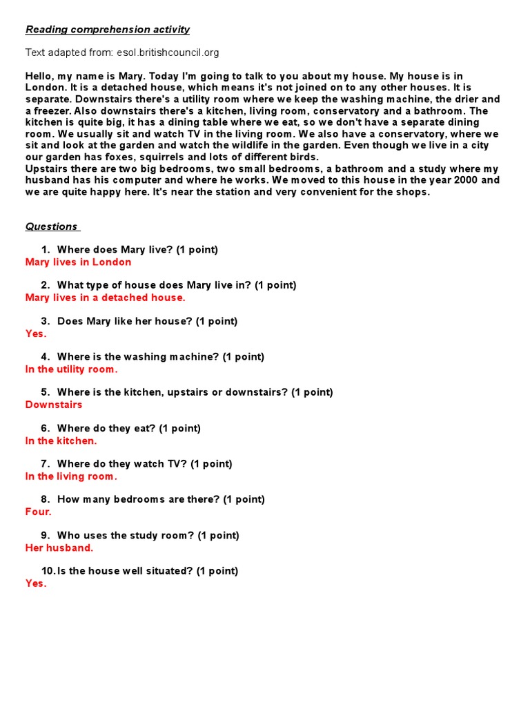 Reading Comprehension Activity A2 Level. Answers | PDF