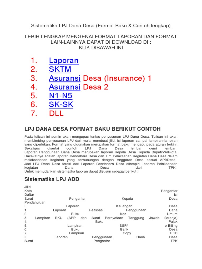 Sistematika LPJ Dan SPJ Dana Desa (Format Baku & Contoh Lengkap) | PDF