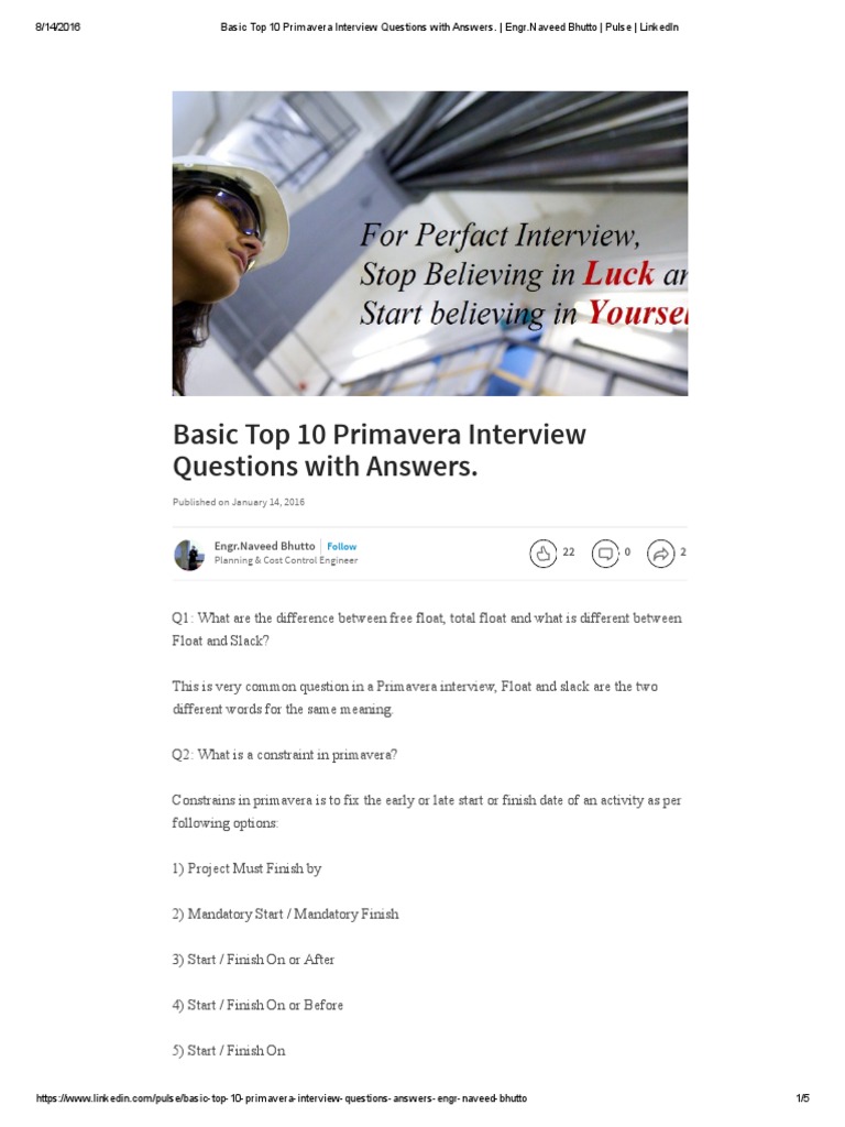 Basic Top 10 Primavera Interview Questions With Answers. - Engr | PDF ...