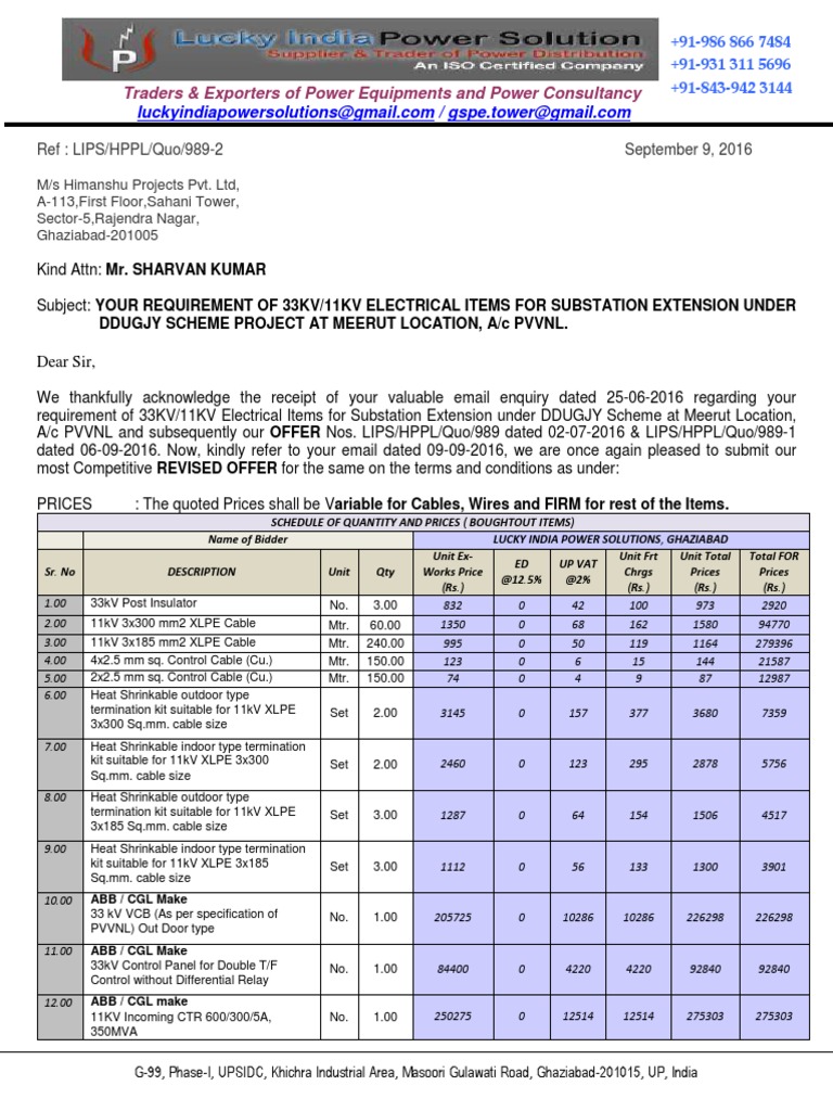 Quote CT PT Isolator VCB AB Switch Drop Out Fuse Set TPMO DDUGJY PVVNL ...