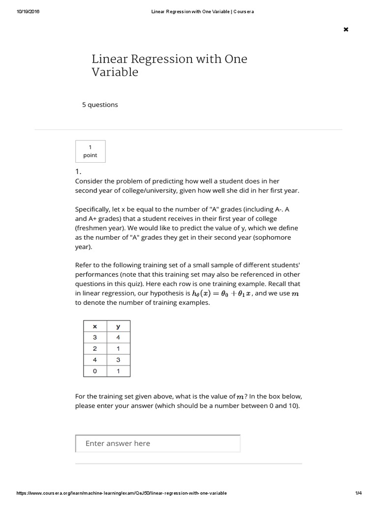 Linear Regression With One Variable Coursera Quiz 2 Pdf 
