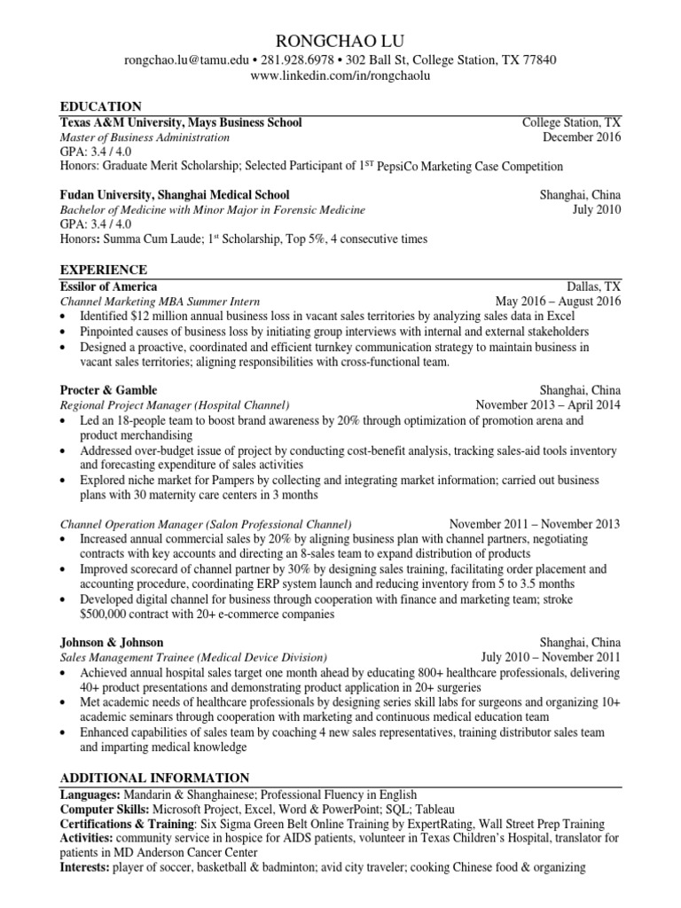 Rongchao Lu Resume Tamu Mba | PDF | Master Of Business Administration | Business