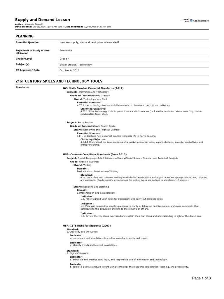 Supply Demand Lesson Plan | PDF | Creativity | Learning