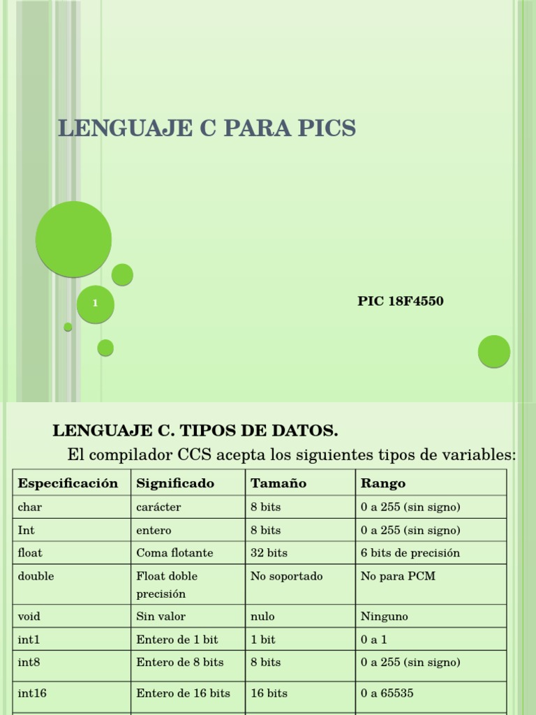 Lenguaje C para Pics Pic 18f4550 1 Lenguaje C Tipos de Datos El ...