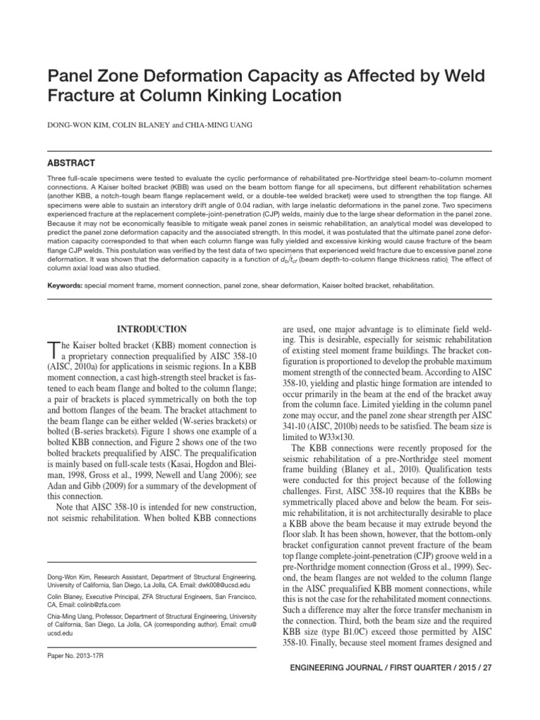 Panel Zone Deformation Capacity As Affected by Weld Fracture at Column ...