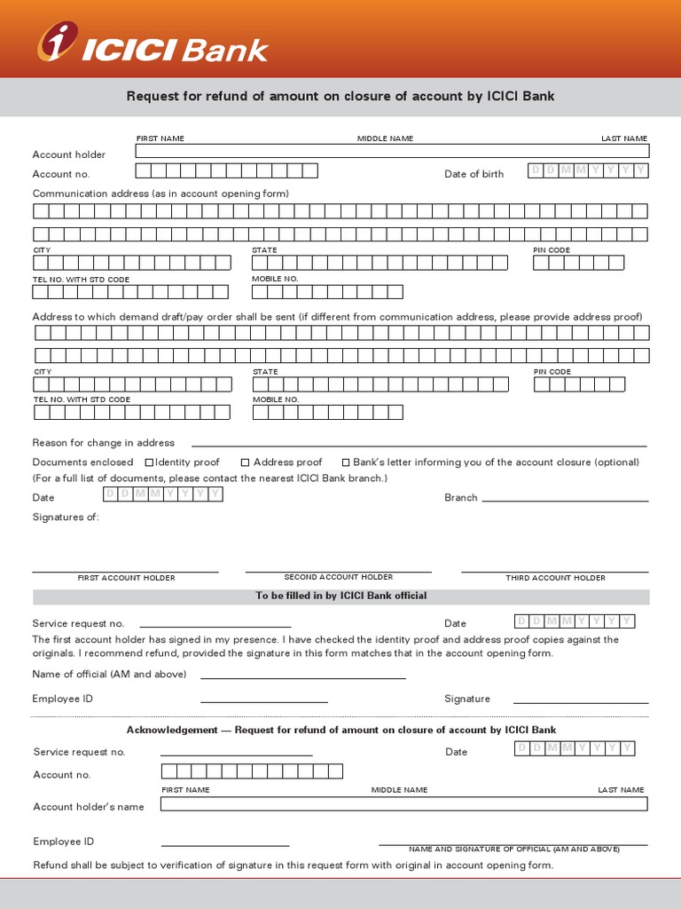 Request For Refund of Amount On Closure of Account by ICICI Bank | PDF ...