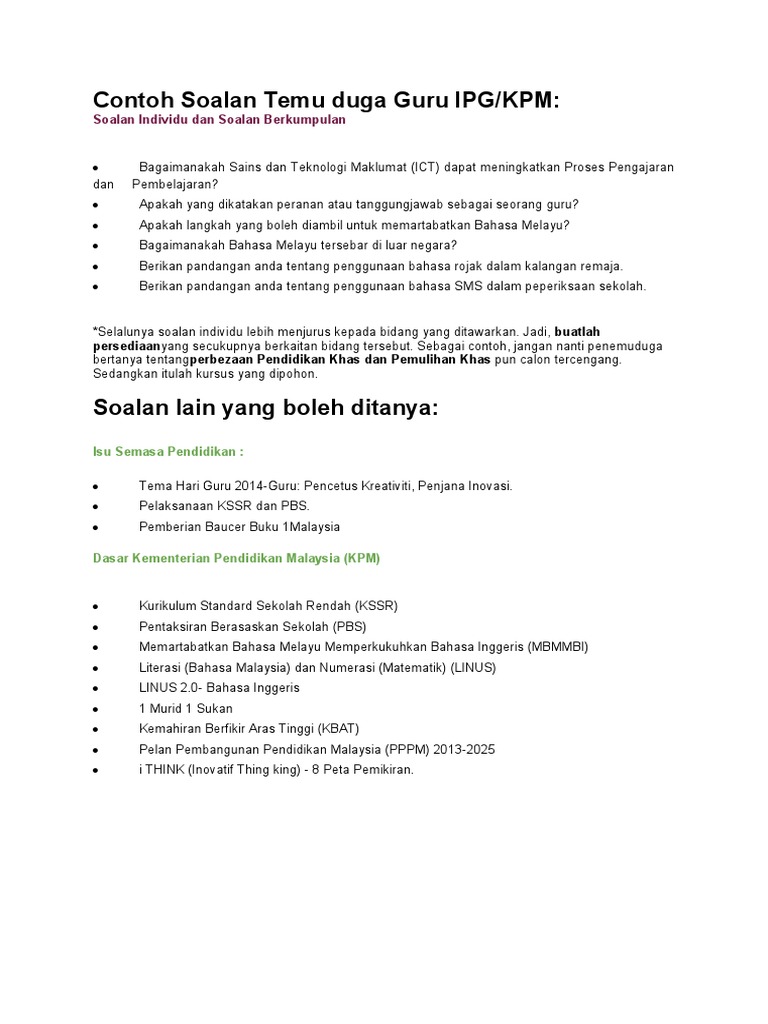 Contoh Soalan Temu Duga Guru IPG | PDF