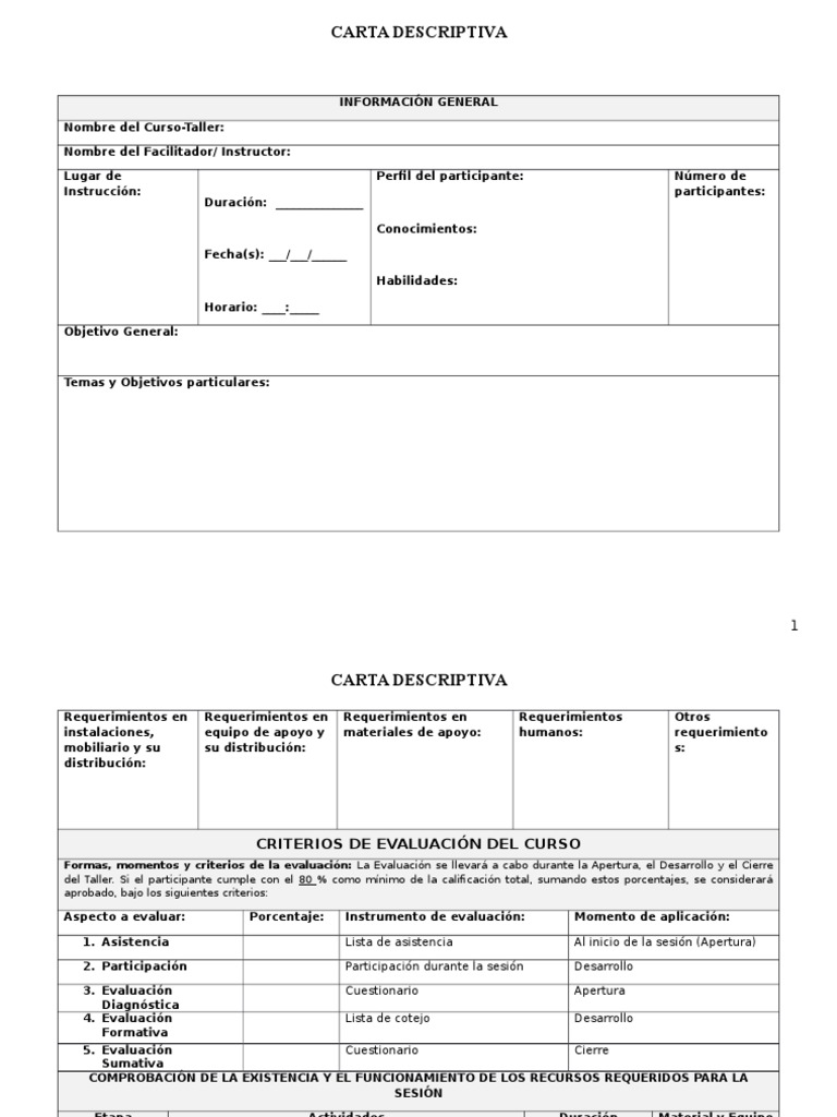 Carta Descriptiva Formato