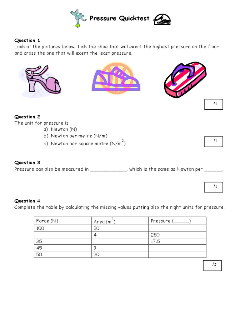Yr 10 - Physics - Pressure - Worksheet - 2017 | PDF