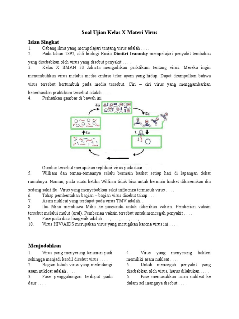 Soal Ujian Kelas X Materi Virus | PDF