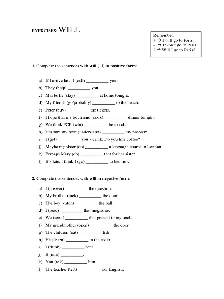 Ejercicios Will Futuro Ingles