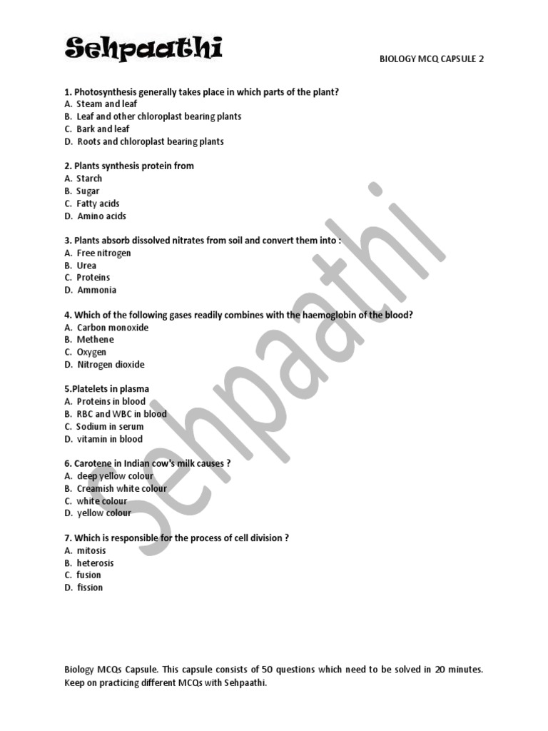 Biology MCQ Capsule 2 | PDF | Blood | Plants