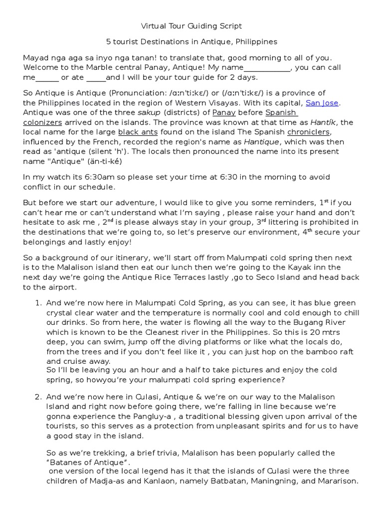 Virtual Tour Guiding Script Antique, Philippines in 5 Mins | PDF ...