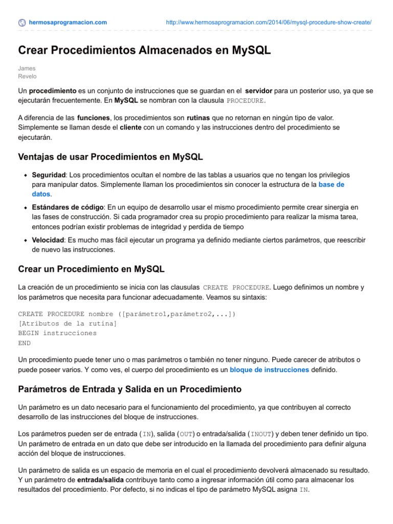 Crear Procedimientos Almacenados en MySQL PDF | PDF | SQL | Lenguaje de ...