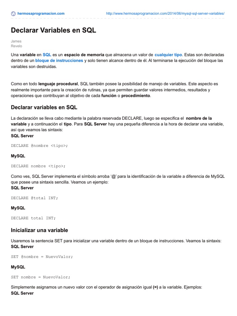 Declarar Variables en SQL PDF | Descargar gratis PDF | Servidor SQL de ...