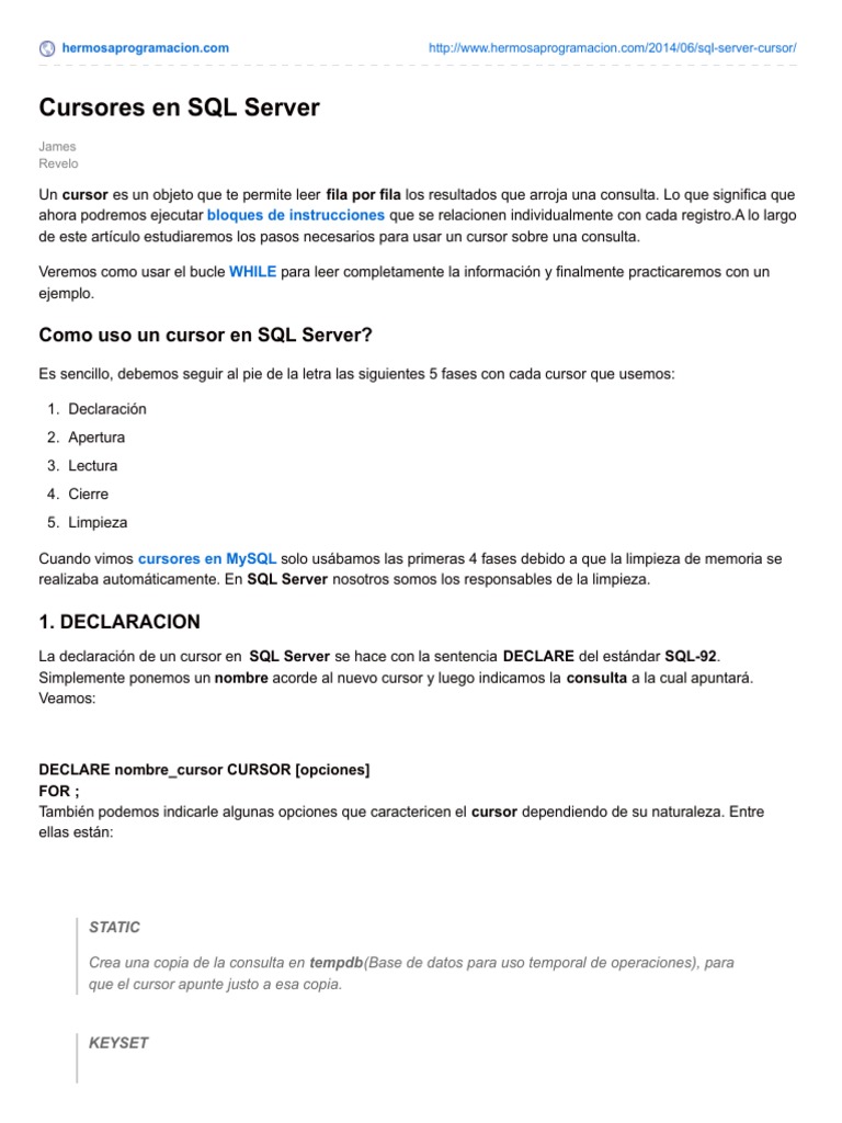 Cursores en SQL Server PDF | PDF | Servidor SQL de Microsoft | Tabla (base de datos)