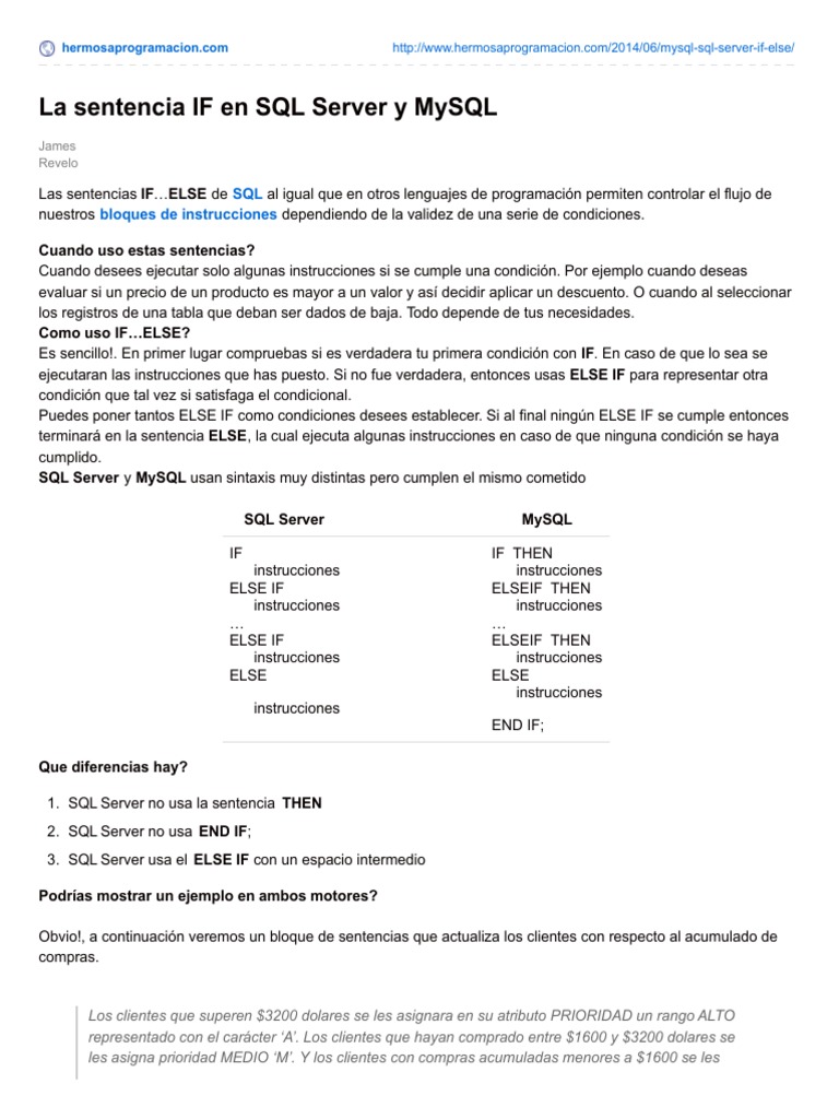 Uso de sentencias IF-ELSE en SQL Server y MySQL | PDF