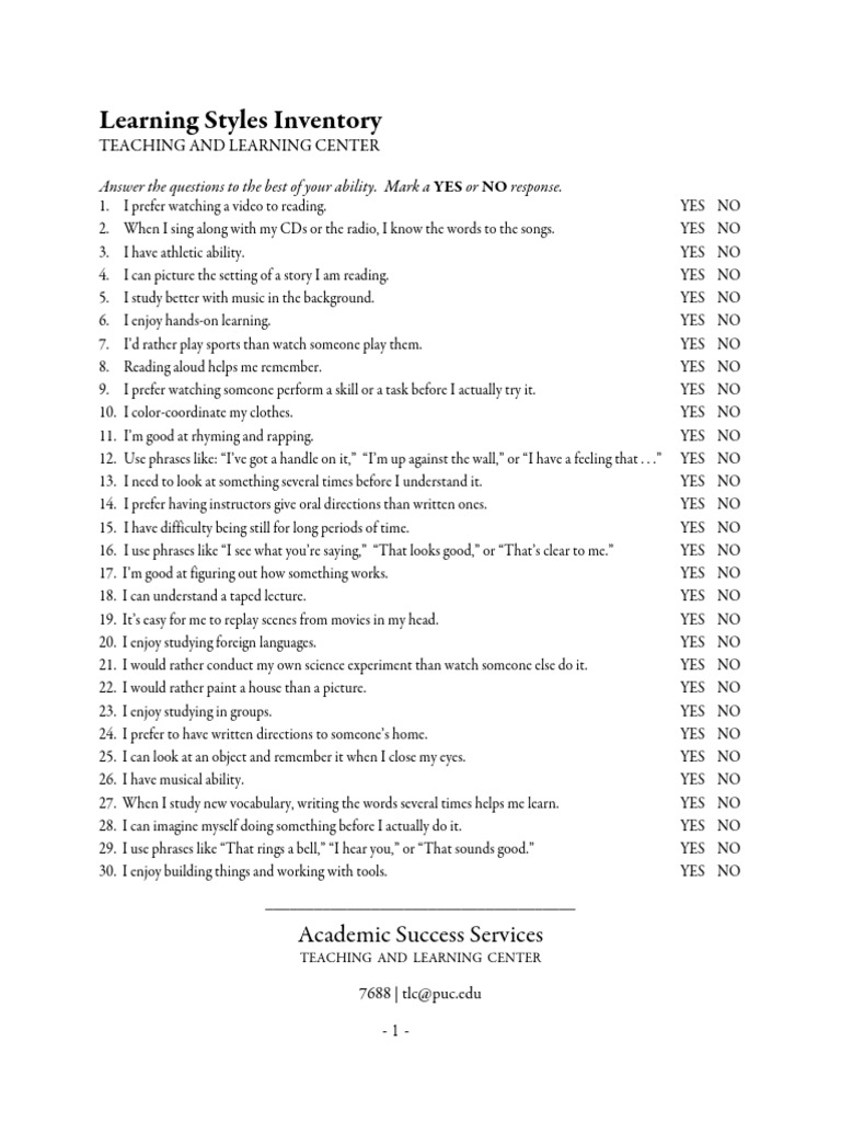 Learning Styles Inventory | PDF | Learning Styles | Neuropsychological ...