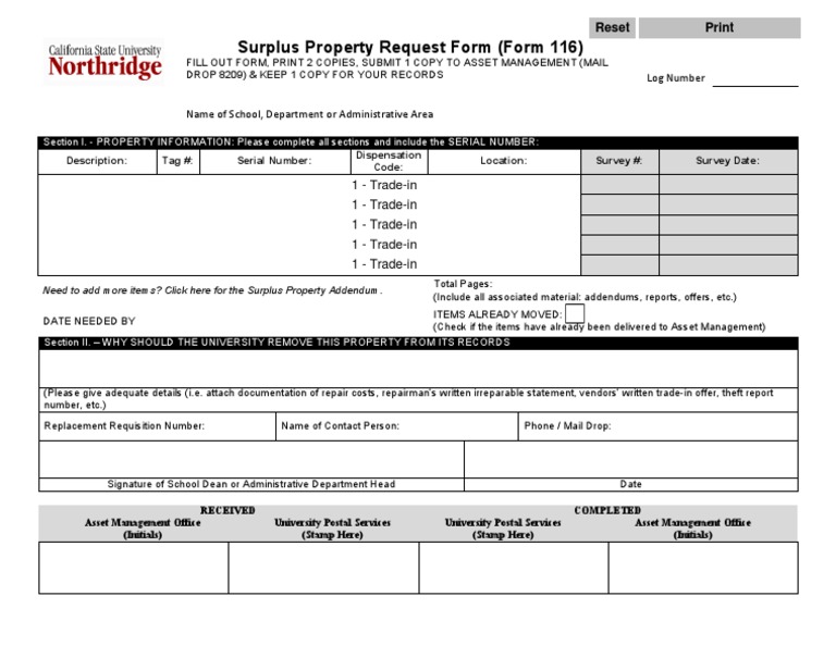 Surplus Property Request Form (Form 116) : Log Number | PDF | Mail ...