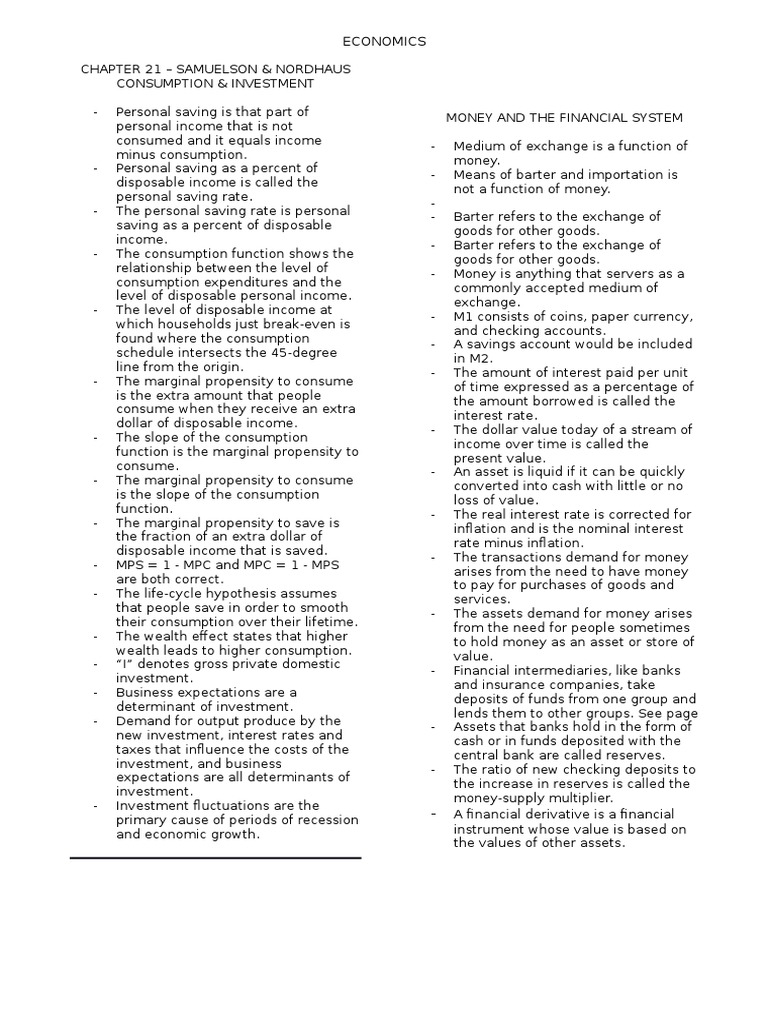 Economics (Samuelson) CHAP21&23 Summary | PDF | Money Supply | Money