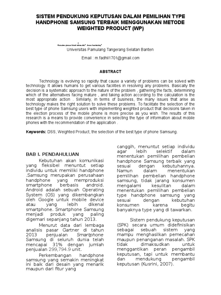 Sistem Pendukung Keputusan Dalam Pemilihan Handphone Dengan Metode Weighted Product | PDF ...
