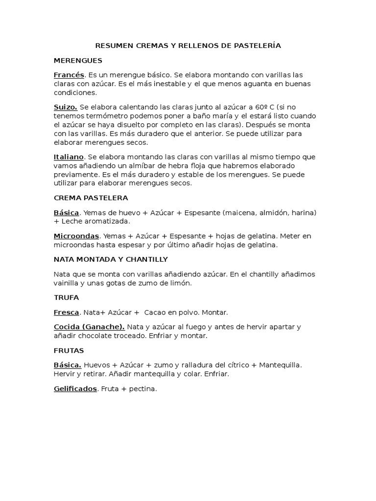 Resumen Cremas y Rellenos de Pastelería | PDF | Salud y bienestar