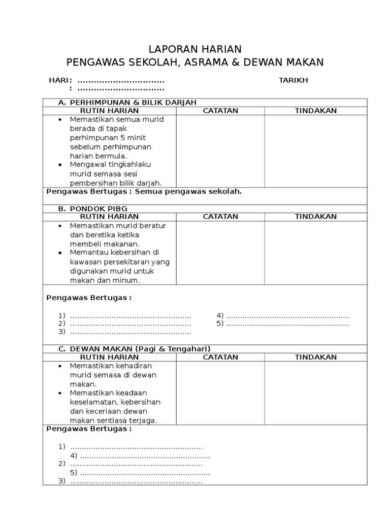 Contoh Laporan Harian Pengawas SK berasrama