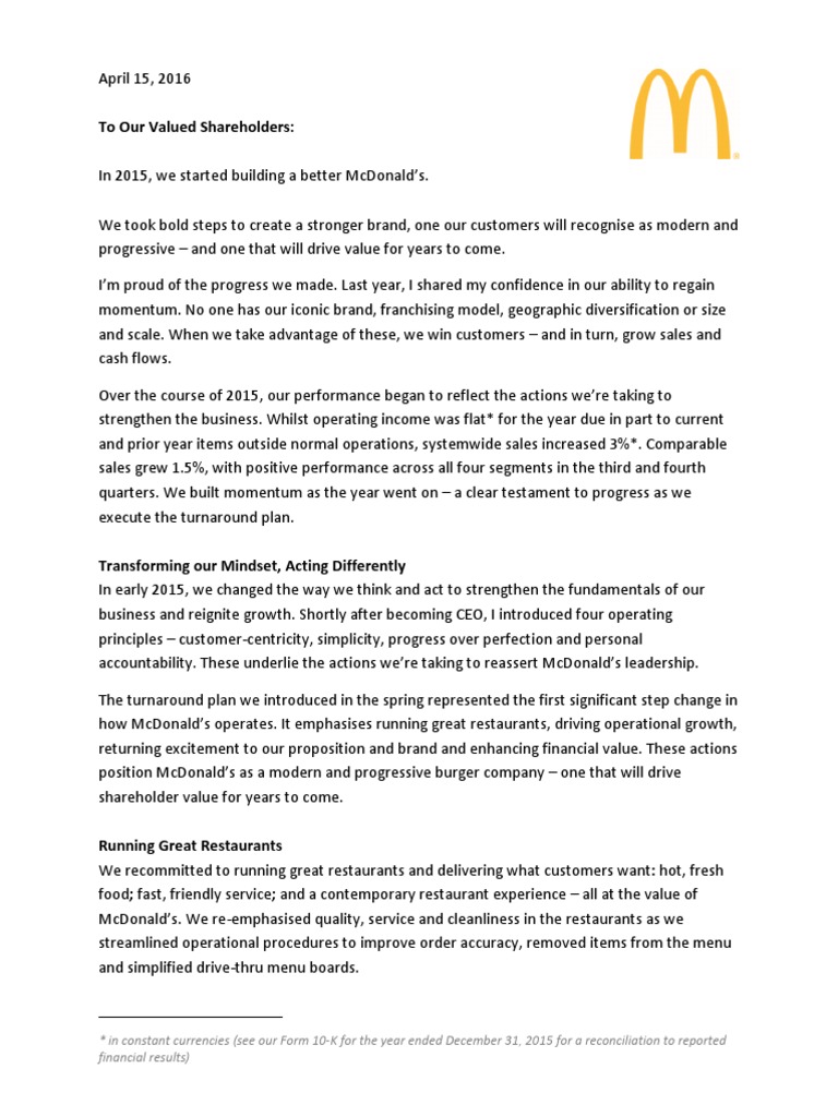 CEO Letter To Shareholders - 2016 | PDF | Mc Donald's | Brand