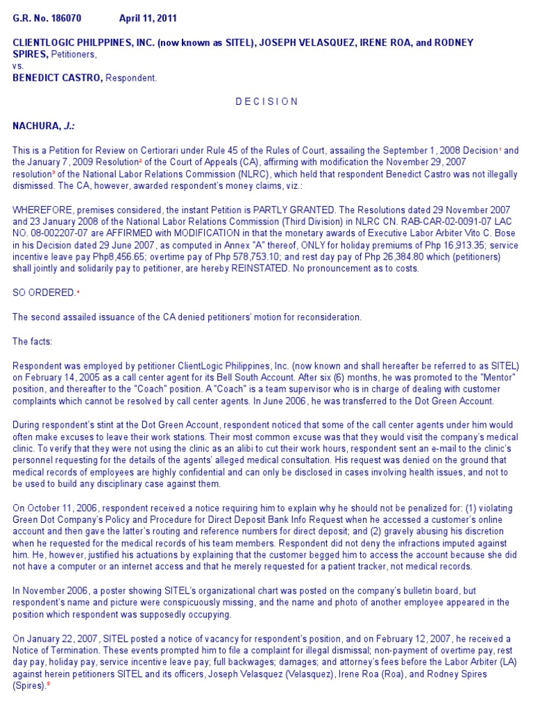 Clientlogic Vs Castro | PDF | Medical Record | Overtime