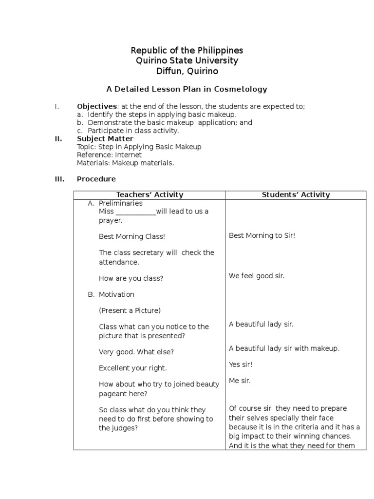 Cosmetology Lesson Plan | Lesson Plan