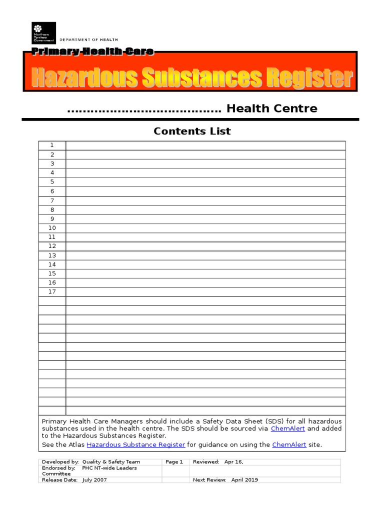 Hazardous Substances Register Contents Template | PDF