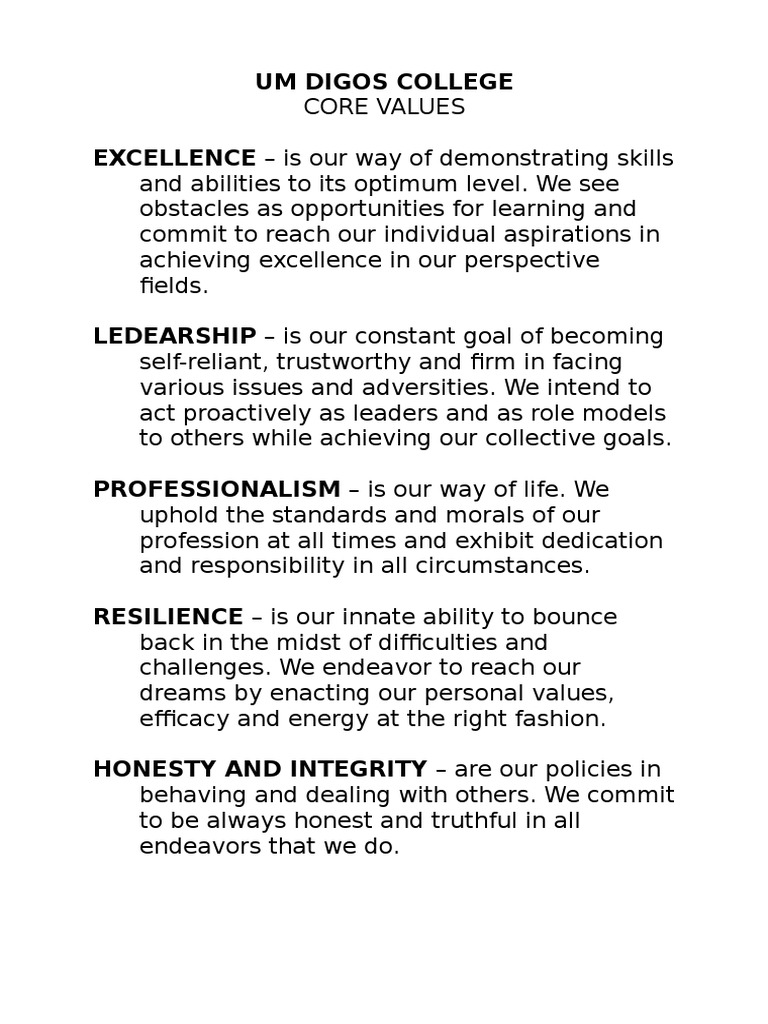 UM Digos College Core Values | PDF | Career & Growth | Self-Improvement
