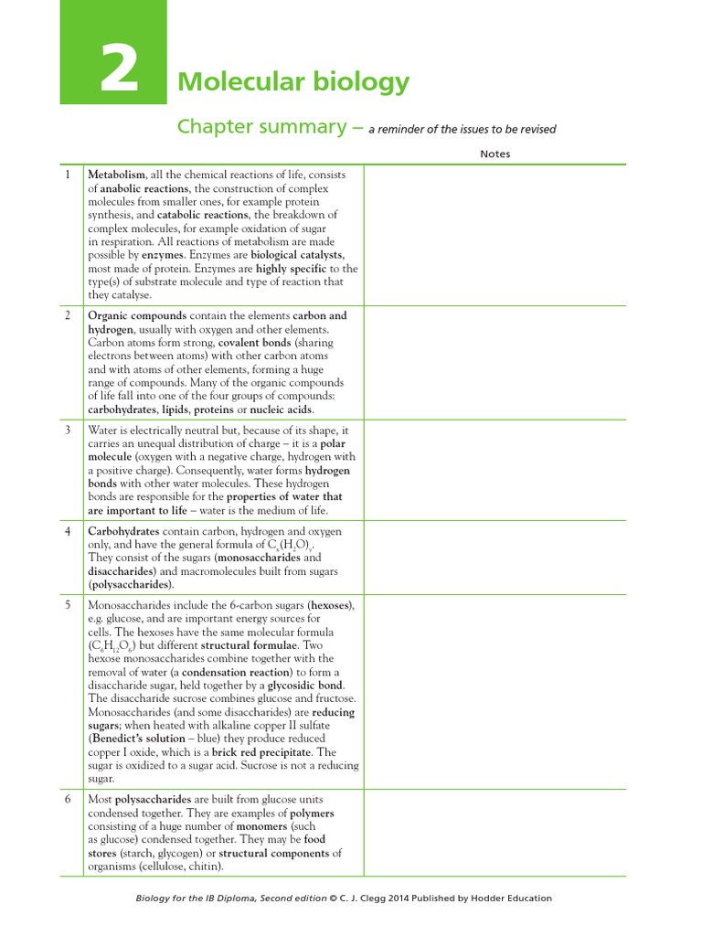 Biology For The IB Diploma Chapter 2 Summary | PDF | Proteins ...