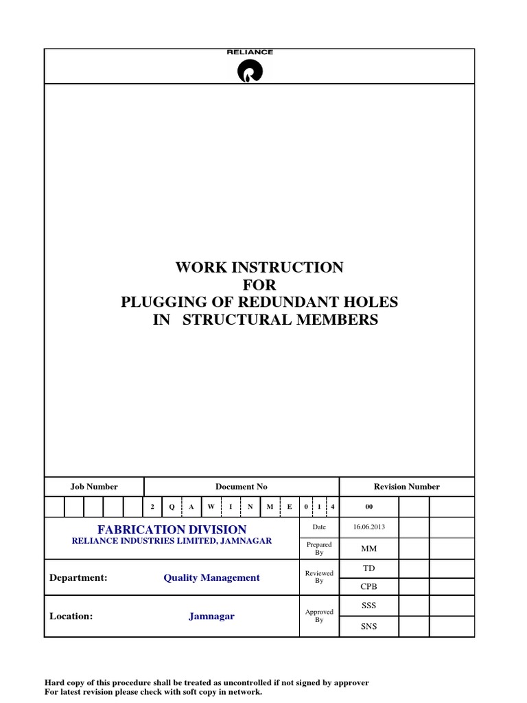 Work Instruction For Pluging Redundant Holes in Structural Members ...