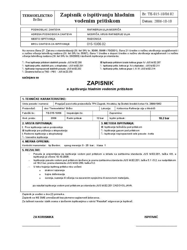 Zapisnik o Ispitivanju Hladnim Vodenim Pritiskom | PDF