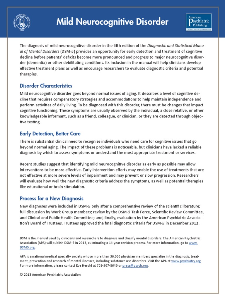 Mild Neurocognitive Disorder Fact Sheet PDF | PDF | Dsm 5 | Medical ...